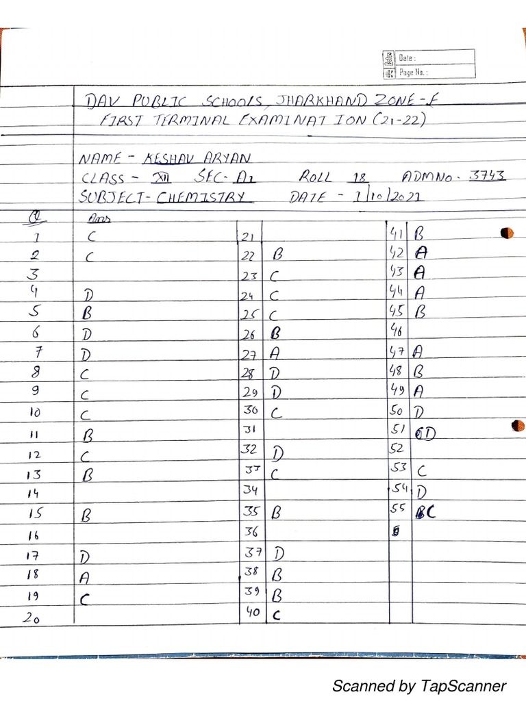 Chemistry Answer Sheet | PDF