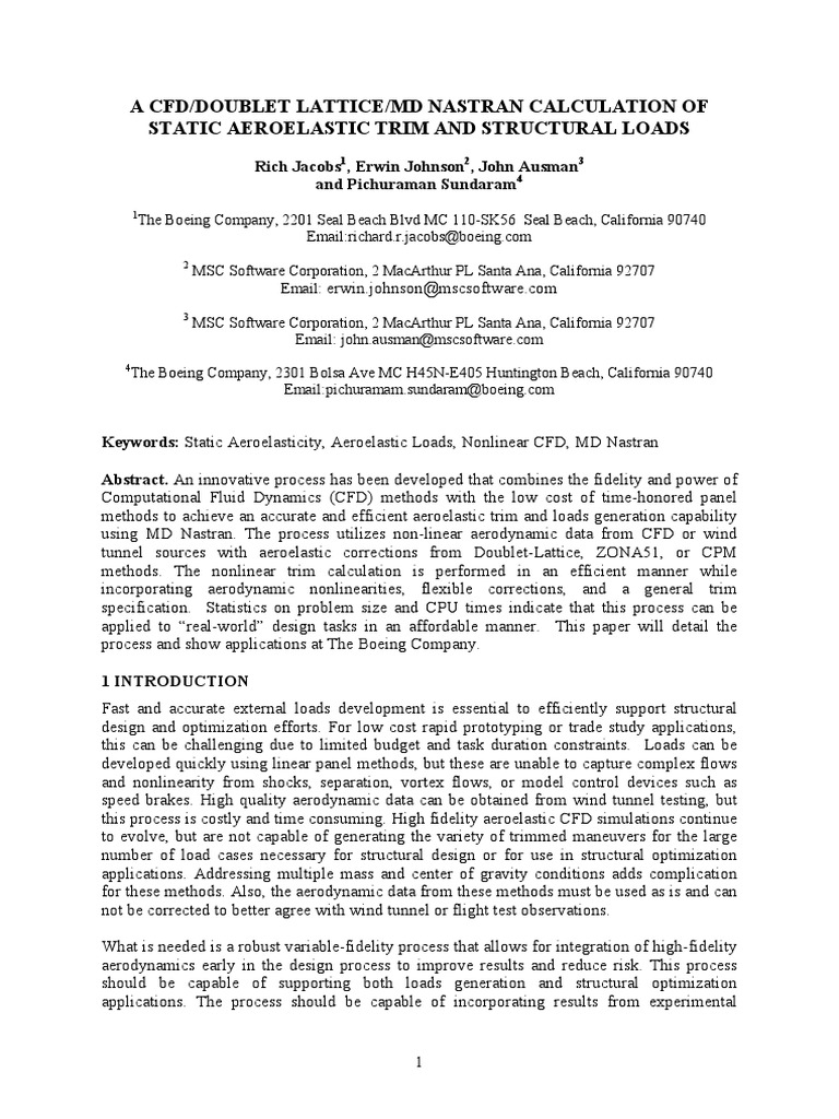 A Cfd/Doublet Lattice/Md Nastran Calculation of Static Aeroelastic Trim ...