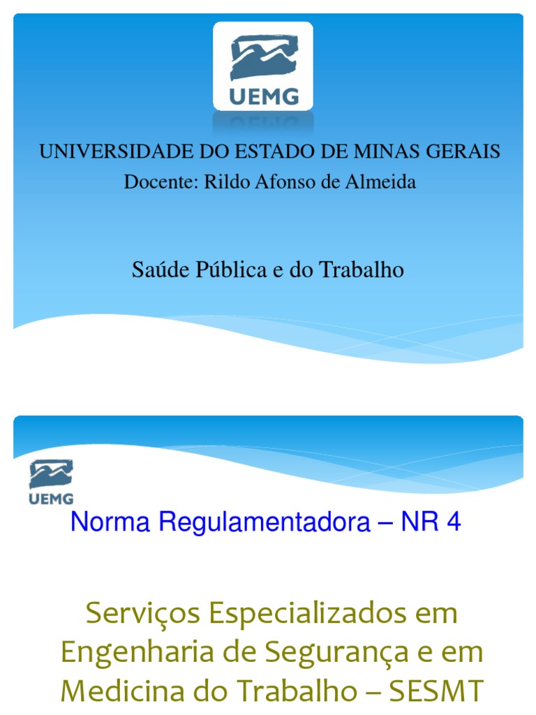 Saúde Publica e Do Trabalho - Aula NR 04 SESMT | PDF | Enfermagem | Remédio