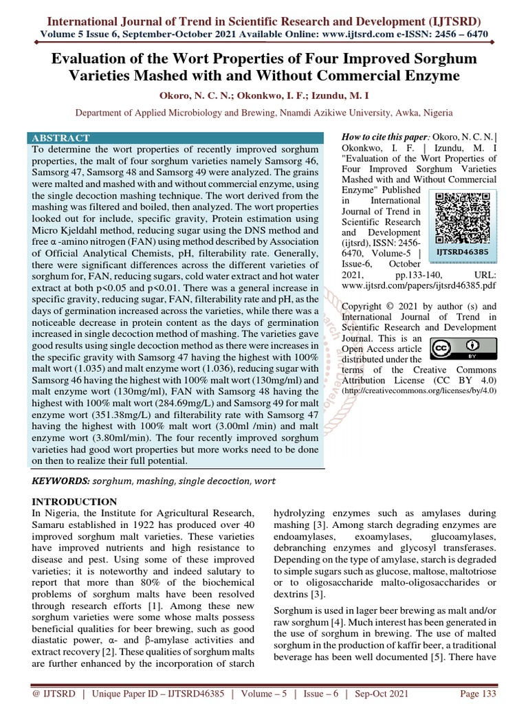 Evaluation of The Wort Properties of Four Improved Sorghum Varieties ...