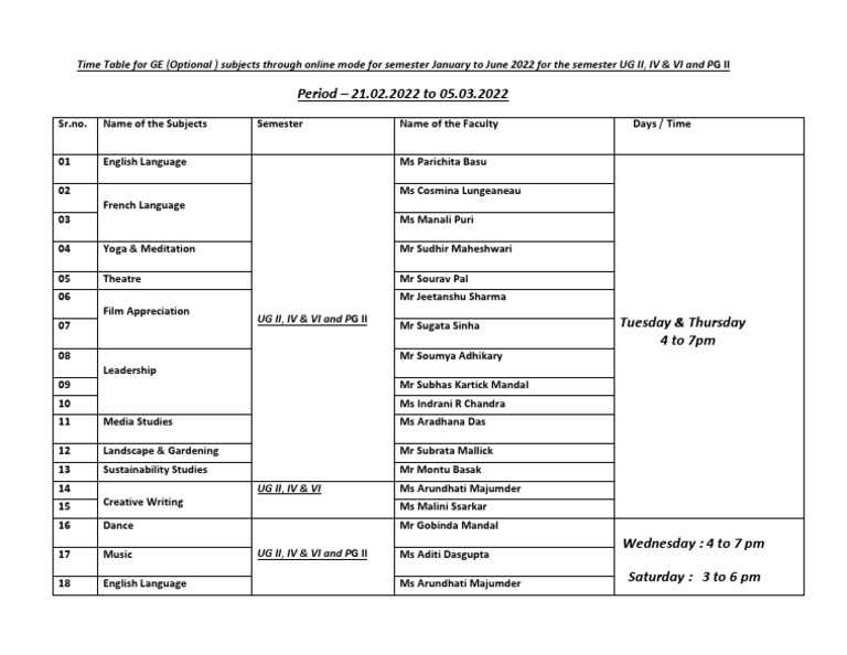 Time Table GE O 21.02.2022 To 05.03.2022 | PDF