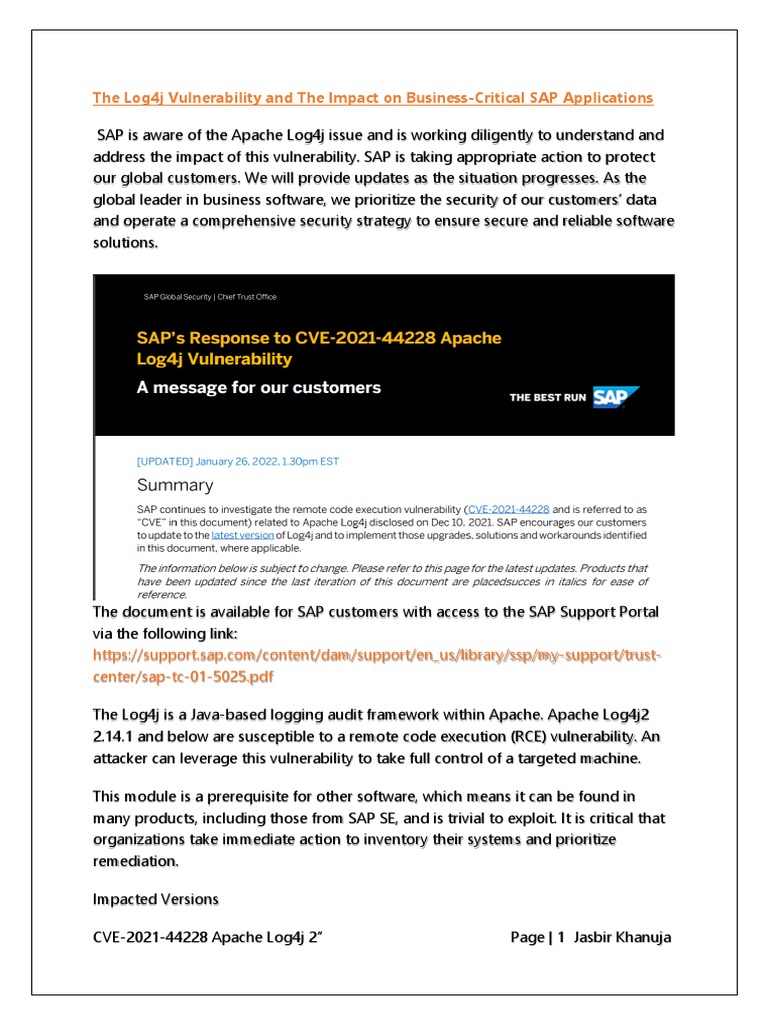 The Log4j Vulnerability and The Impact On Business-Critical SAP Applications | PDF | Apache Http ...