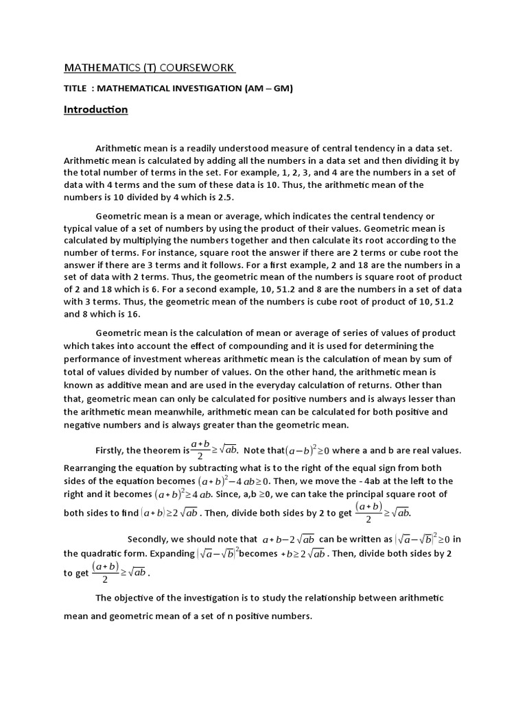 Mathematics (T) Coursework: Title: Mathematical Investigation (Am - GM ...
