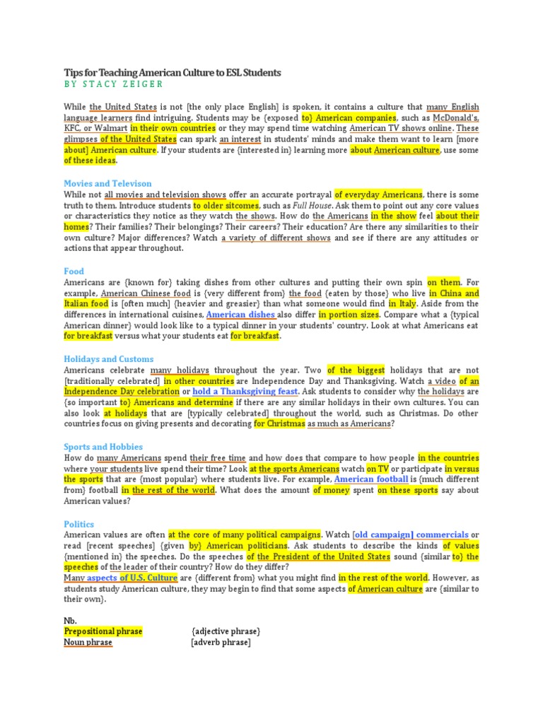 Teaching American Culture to ESL Students | PDF | Linguistics ...