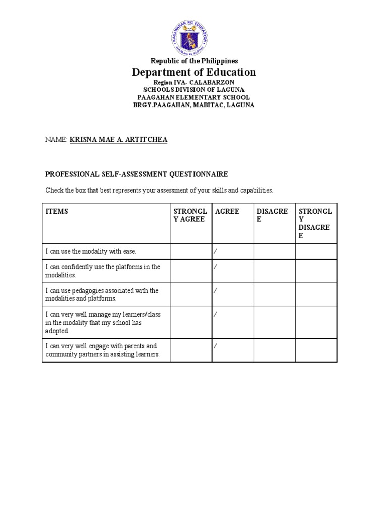 L1A1 - Professional-Self-Assessment-Questionnaire ARTITCHEA | PDF