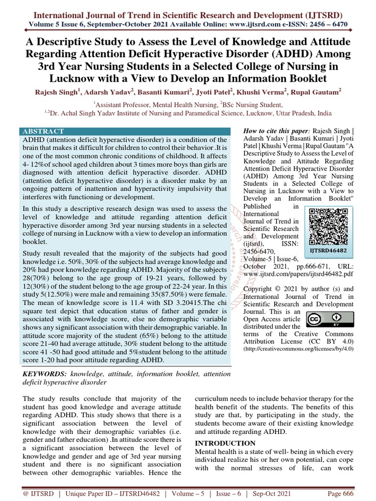 A Descriptive Study To Assess The Level of Knowledge and Attitude Regarding Attention Deficit ...