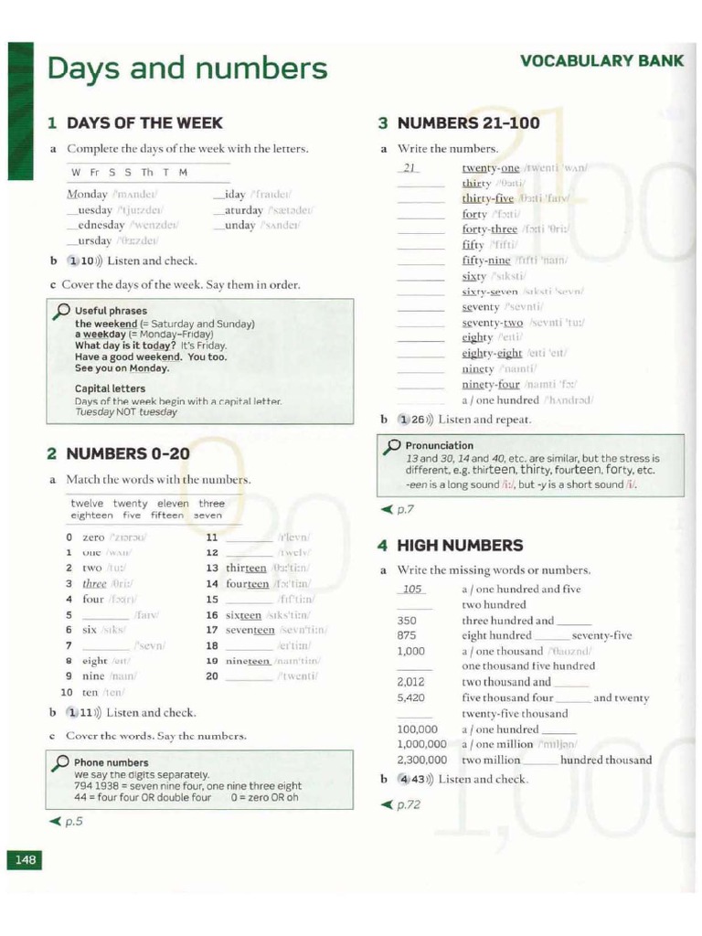 Vocabulary Unit 1 Days, Numbers, The World and Classroom Lang | PDF