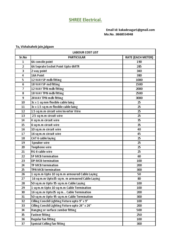 Labour Cost List for Electrical Work Provided by SHREE Electrical | PDF ...
