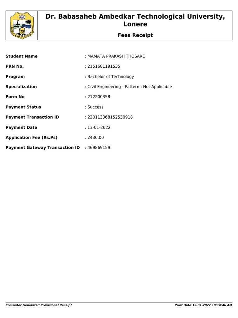 Dr. Babasaheb Ambedkar Technological University, Lonere: Fees Receipt | PDF