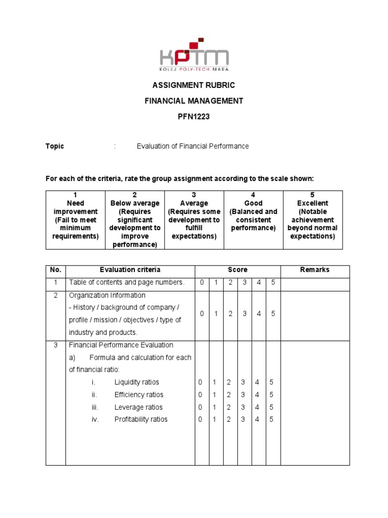 Assignment Rubric Financial Management PFN1223 | PDF | Rubric (Academic ...