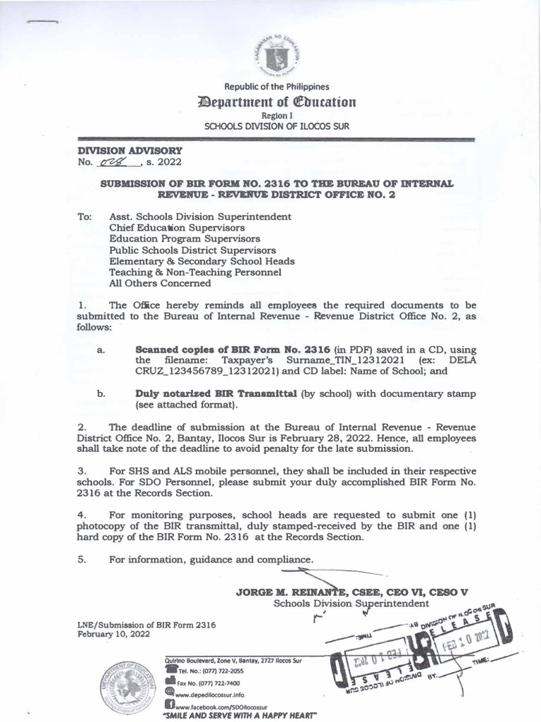 BIR Form 2316 Submission Deadline 2022 | PDF | Justice | Crime & Violence