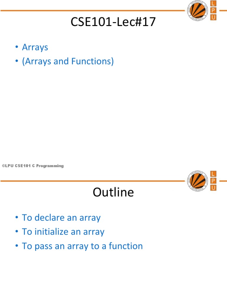 Cse101 Lec17 Arrays Arrays And Functions Pdf Subroutine Array Data Structure