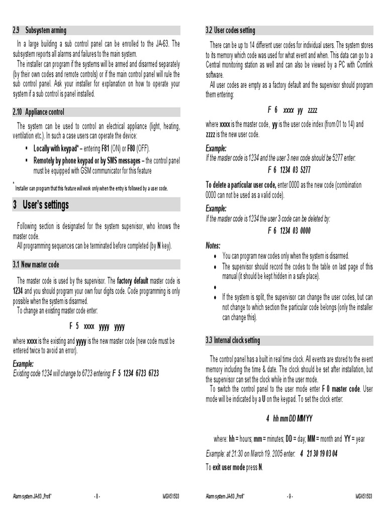 JA-63k-User Manual | PDF | Security Alarm | Telephone