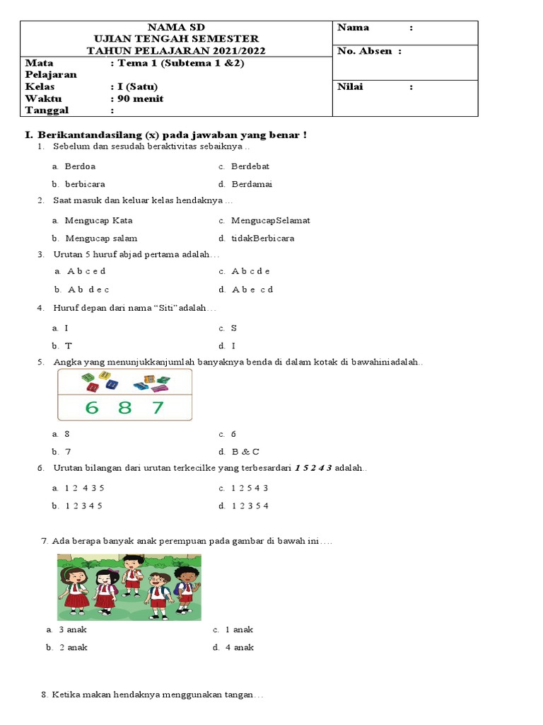 Soal PTS Kelas 1 Tema 1 Sub 1 Dan 2 | PDF | Seni & Disiplin Bahasa