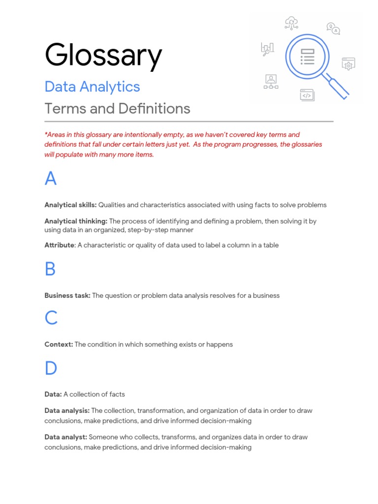 Course 1 Week 5 Glossary - DA Terms and Definitions 1 | PDF | Data ...