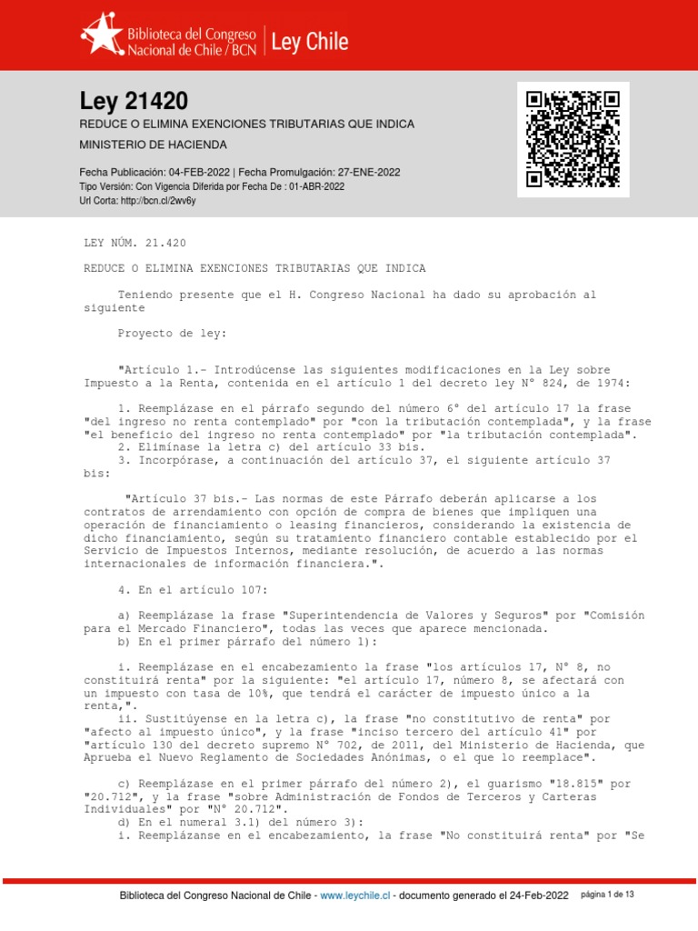 Ley 21420 - 04 FEB 2022 | PDF | Impuestos | Impuesto sobre la renta