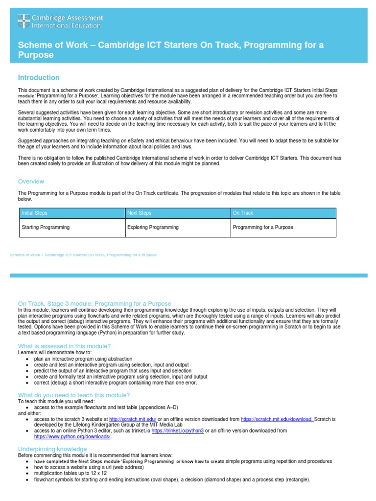 Scheme of Work – Cambridge ICT Starters On Track, Programming for a ...