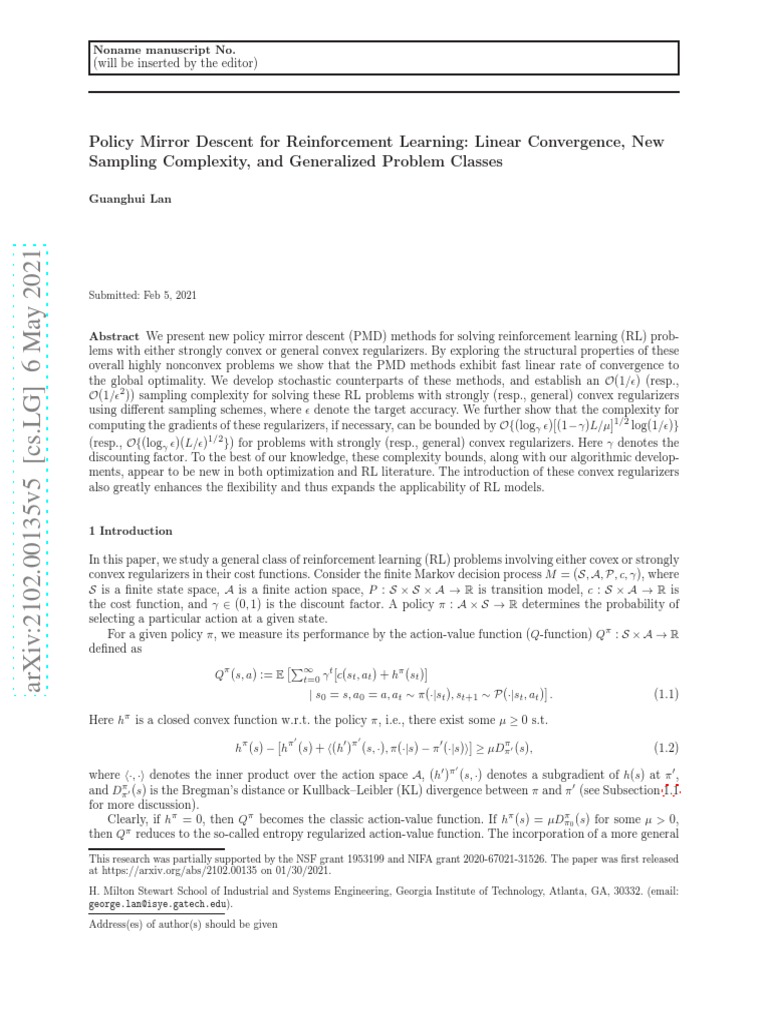 Policy Mirror Descent For Reinforcement Learning Linear Convergence New Pdf Mathematical