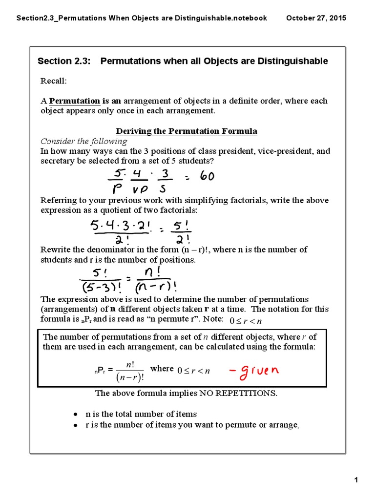 Section2 3 Permutations When Objects Are Distinguishable Pdf Permutation Numbers