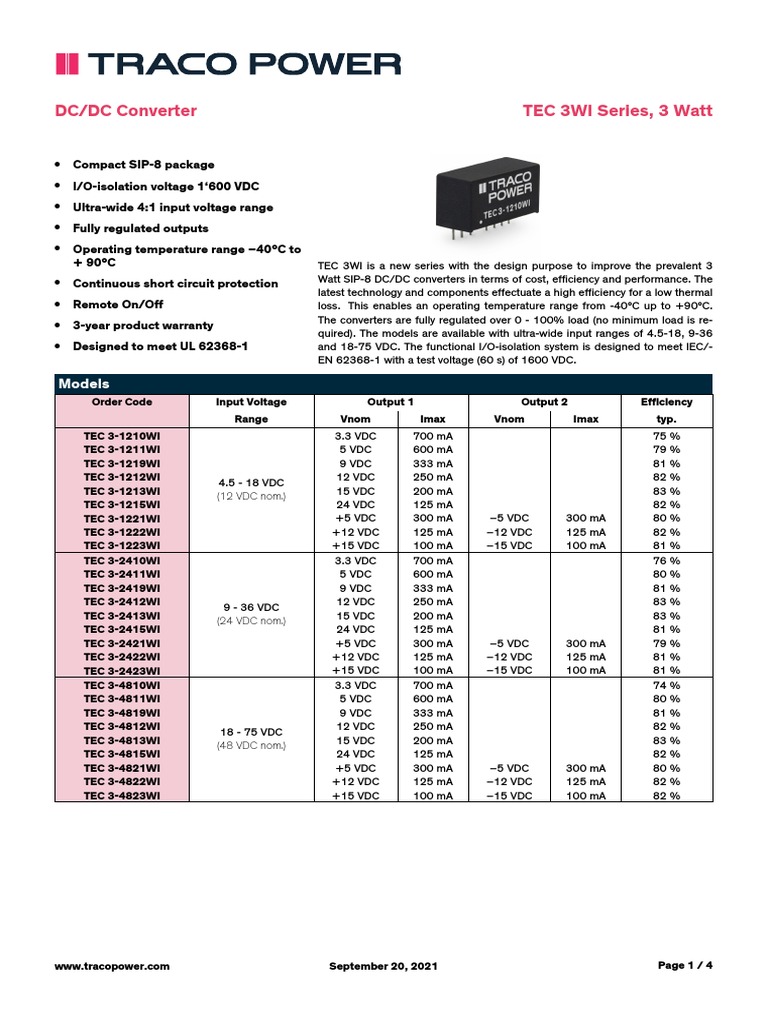 DC/DC Converter TEC 3WI Series, 3 Watt: Models | PDF | Electric Power | Physical Quantities