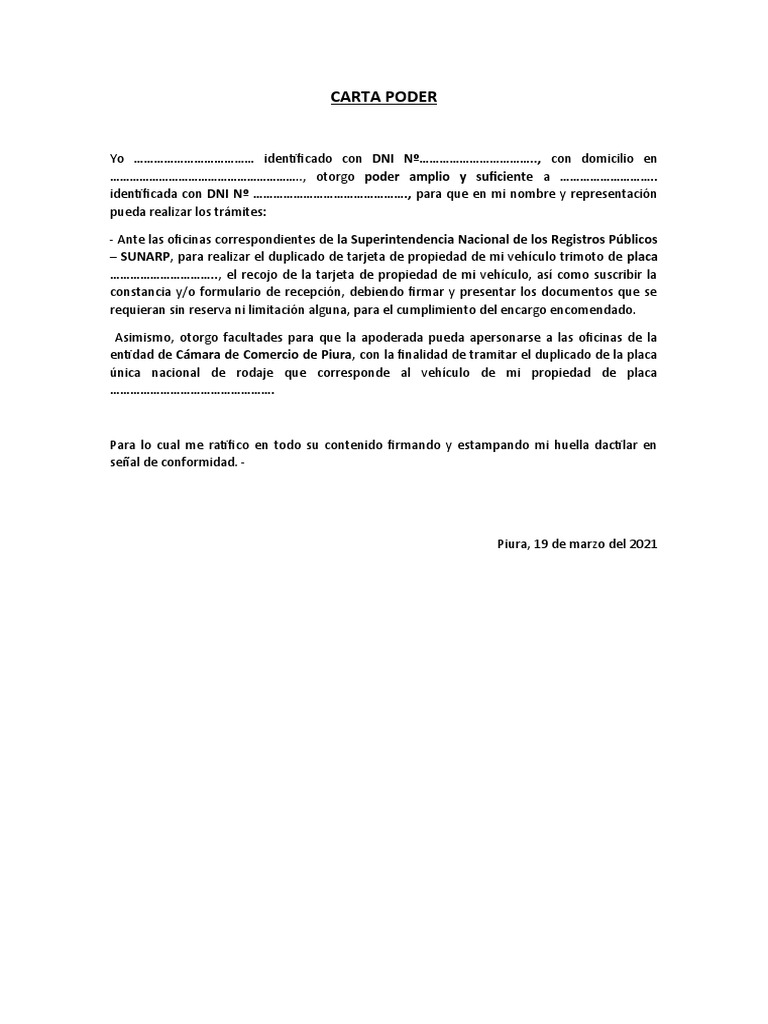 Carta Poder Duplicado de Tarjeta de Propiedad | PDF