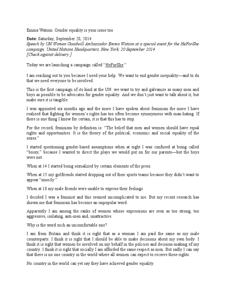 Emma Watson - Speech About Feminism | PDF | Feminism | Gender Studies