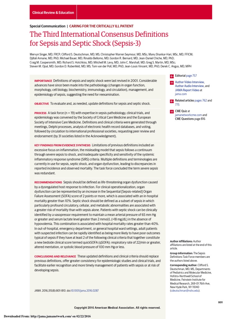 The Third International Consensus Definitions For Sepsis and Septic ...