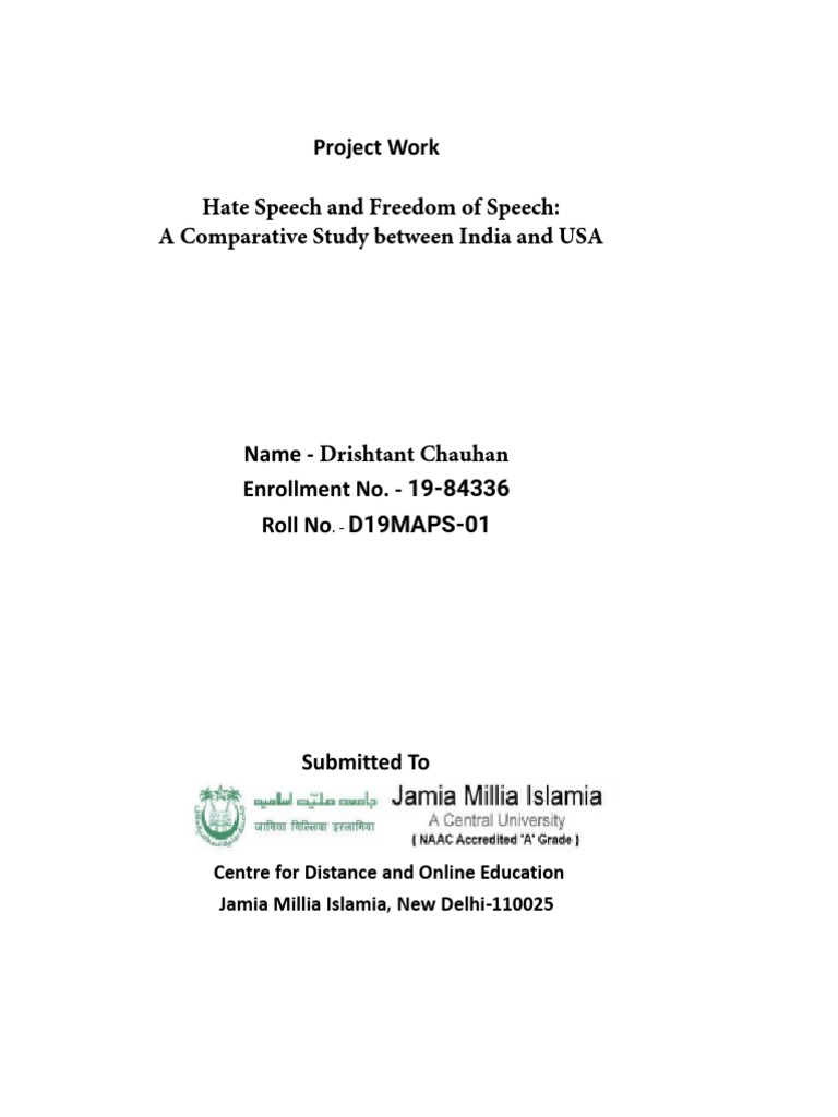 Project Work Hate Speech and Freedom of Speech: A Comparative Study ...
