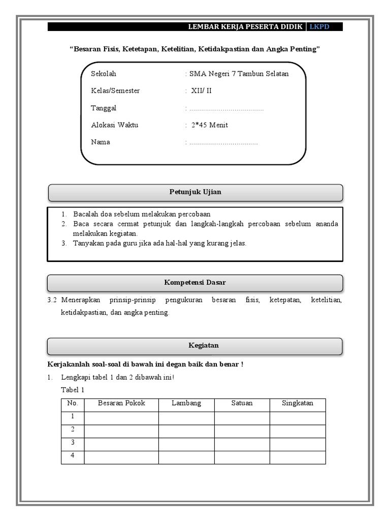 LKPD Ujian Praktek Fisika-Besaran-Besaran Fisis | PDF