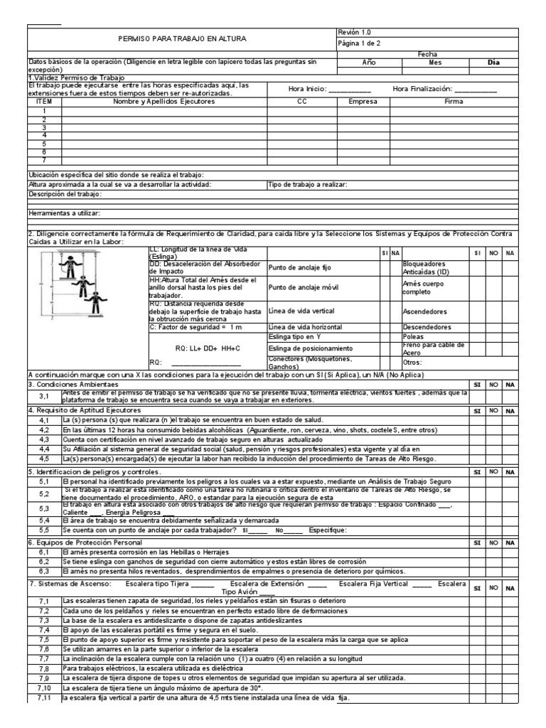Formato Permiso para Trabajo en Alturas Taller TSA | PDF | Equipo