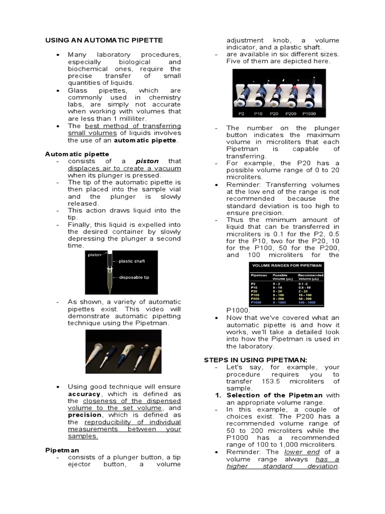 Automatic Pipette Usage Guide | PDF | Chemistry | Metrology