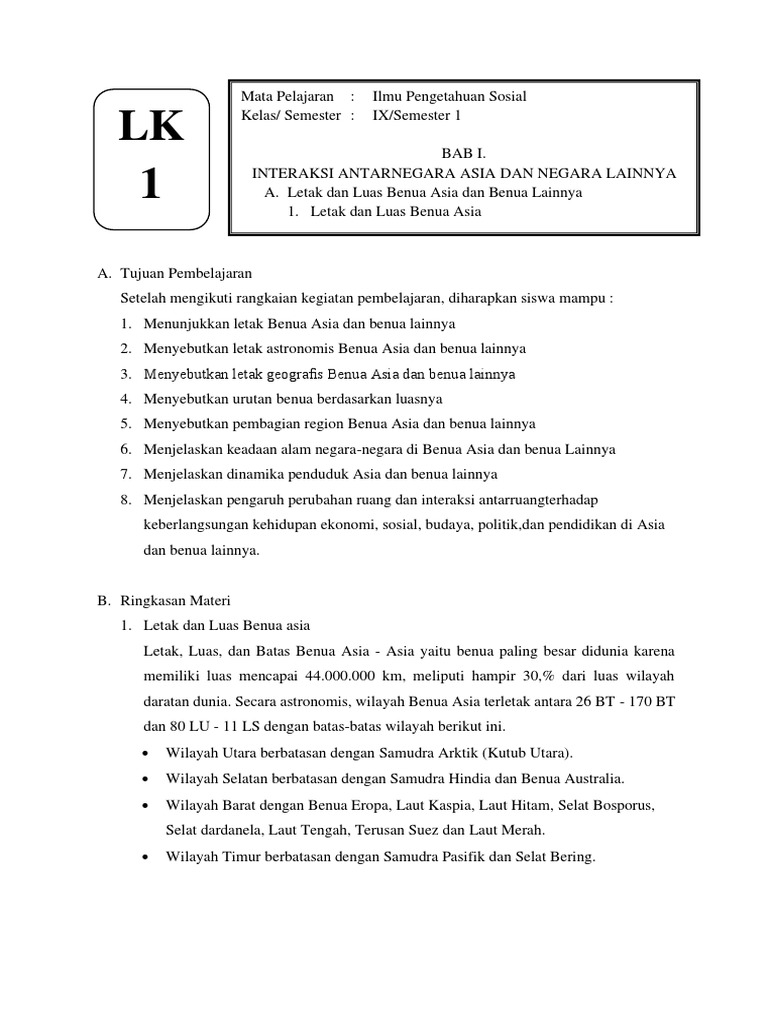 LKPD IPS Kelas 9 Benua Asia | PDF
