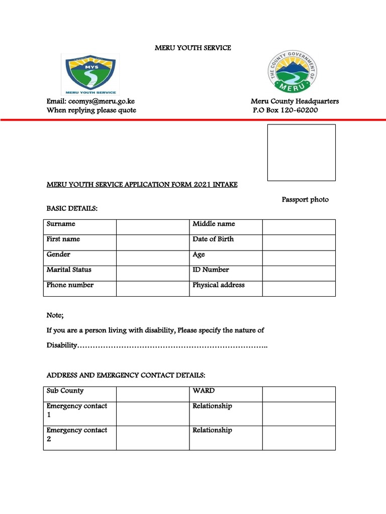 Meru Youth Service Application Form 2021 Intake | PDF