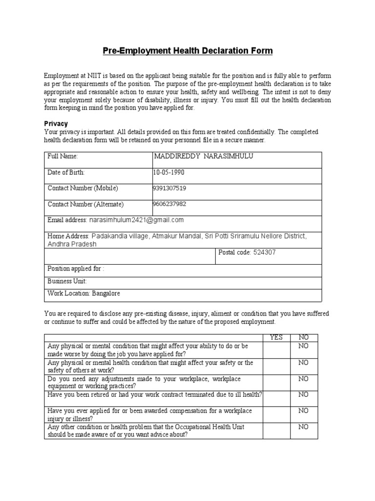 Pre-Employment Health Declaration Form: Privacy | PDF | Employment | Heart