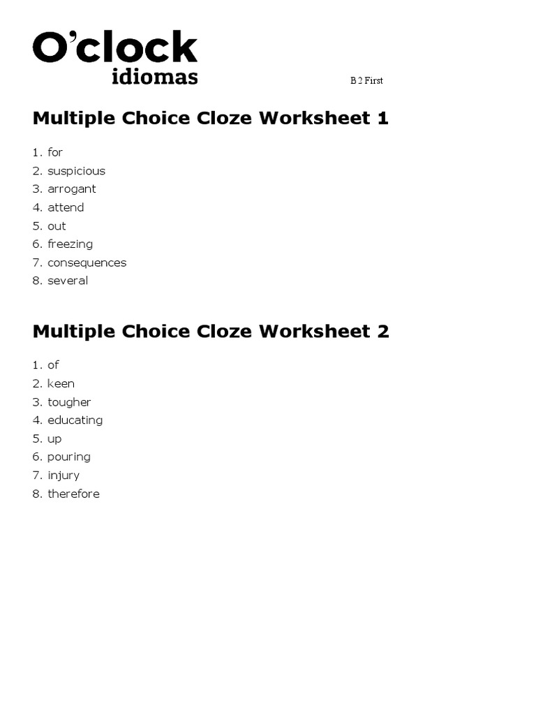 Multiple Choice Cloze Worksheet 1 | PDF