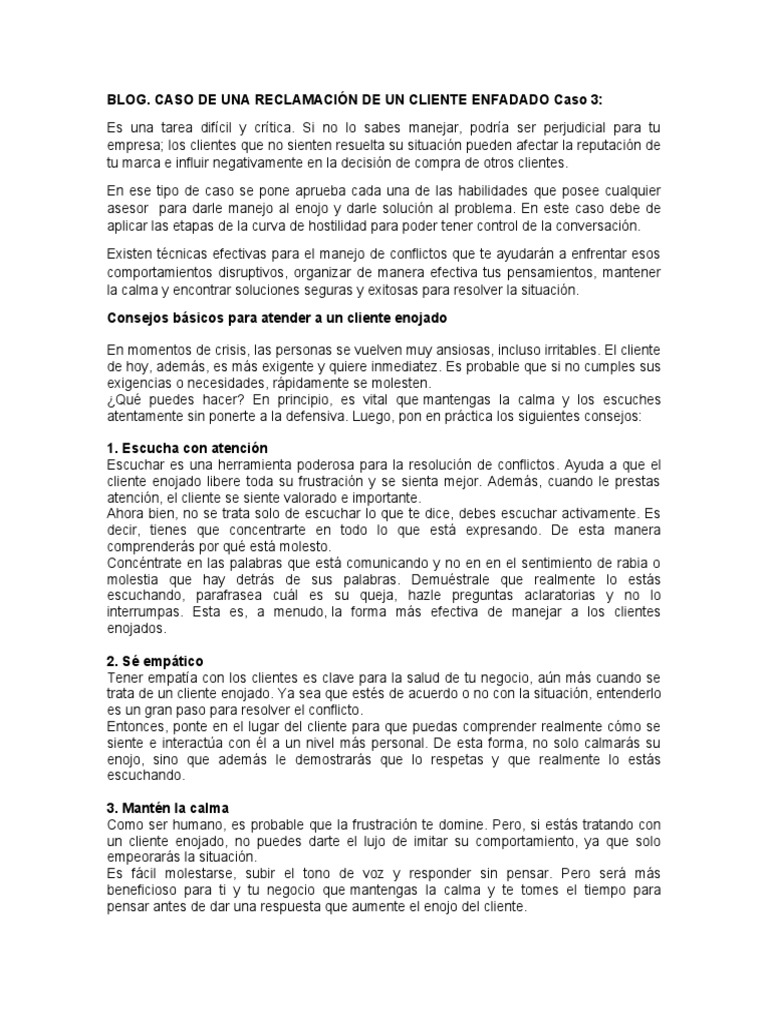 Blog. Caso de Una Reclamación de Un Cliente Enfadado. | PDF | Cliente | Ira