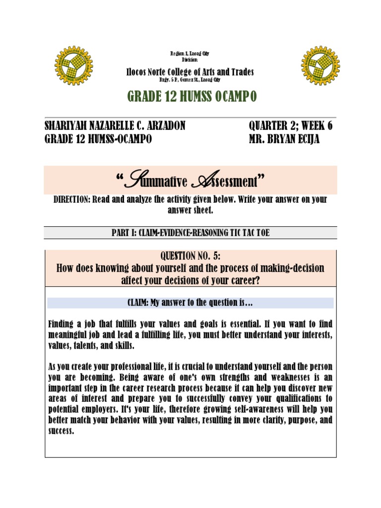 Grade 12 Humss Ocampo: Ummative Ssessment | PDF | Behavioural Sciences ...