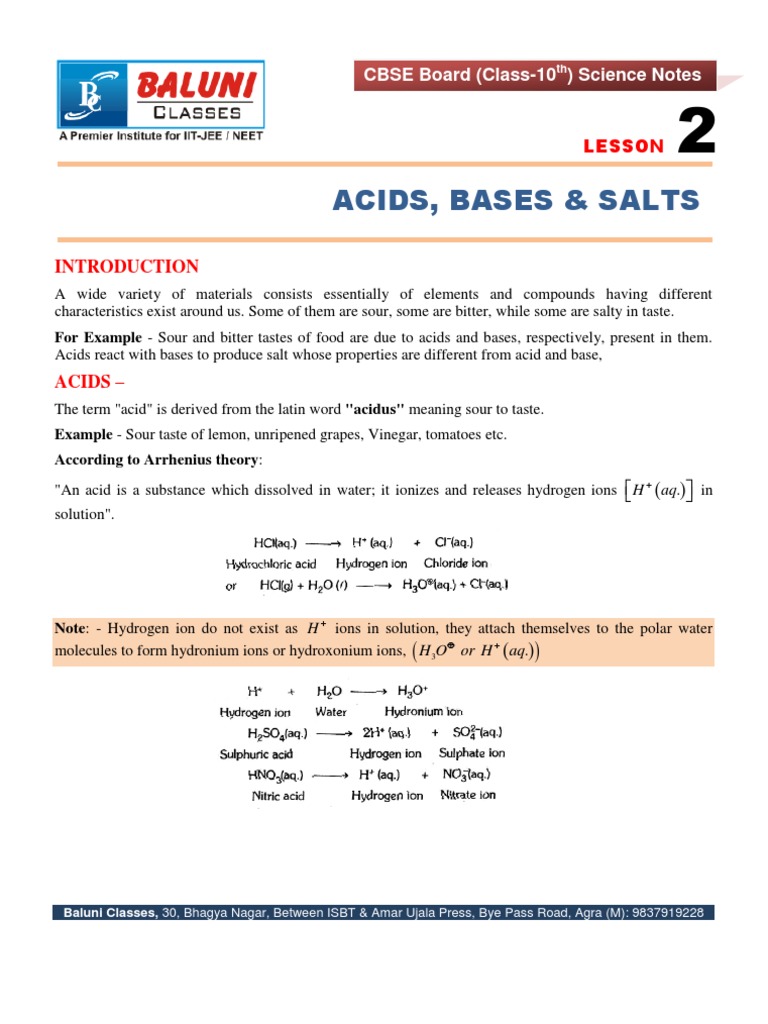 Science Notes - Lession-2 - Acids, Bases & Salts (Chemistry) | PDF ...