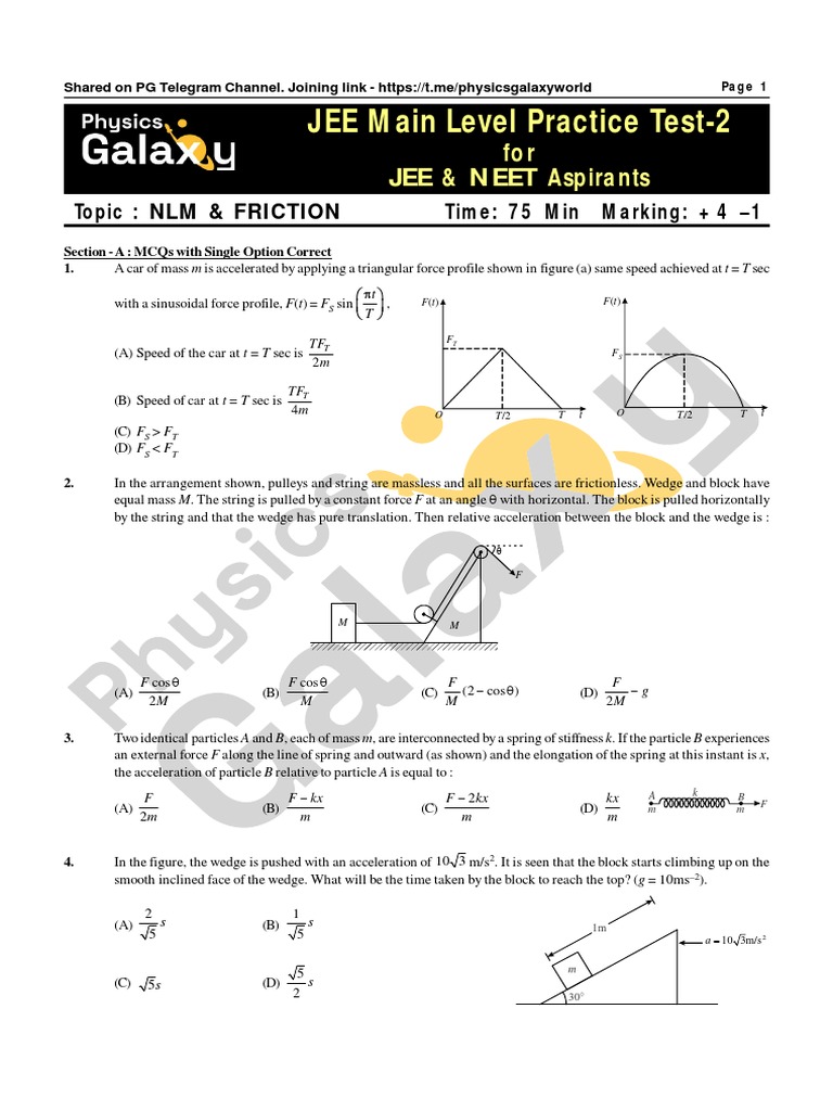 Jee Main Level Practice Test 2 For Jee Neet Aspirants Nlm Friction
