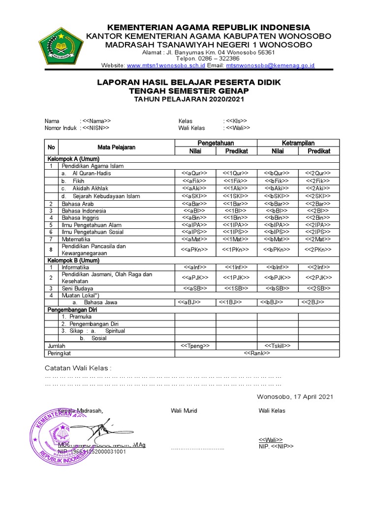 Format Raport PTS Genap 2021 | PDF