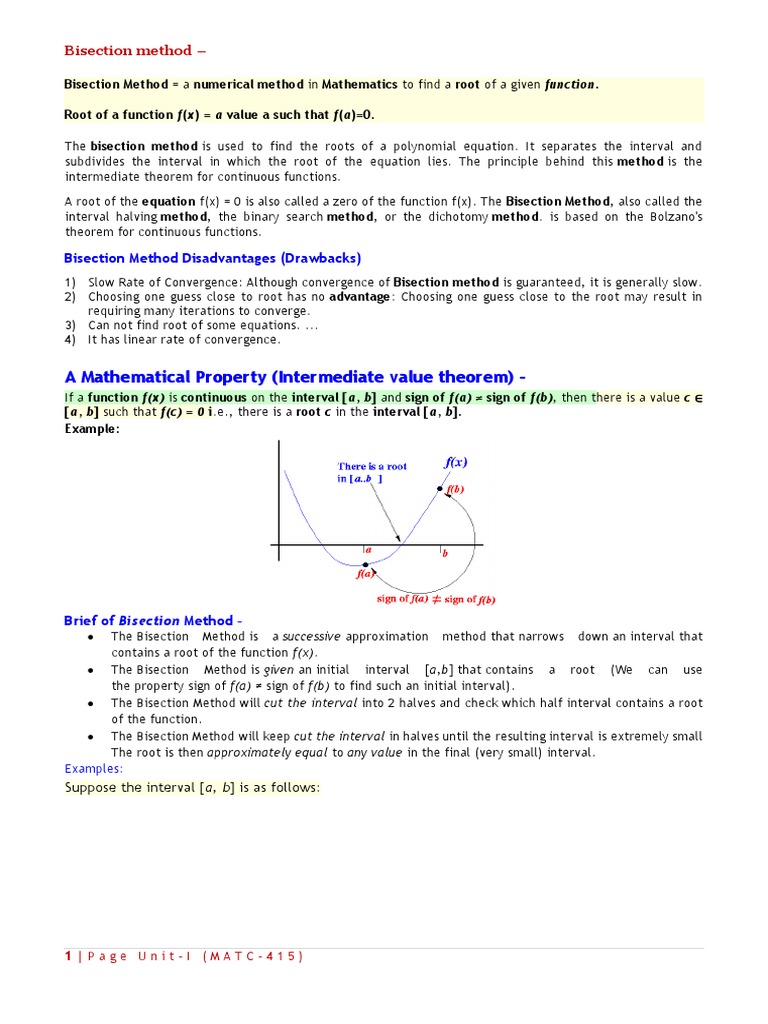 A Mathematical Property (Intermediate Value Theorem) - : Bisection Method Disadvantages ...
