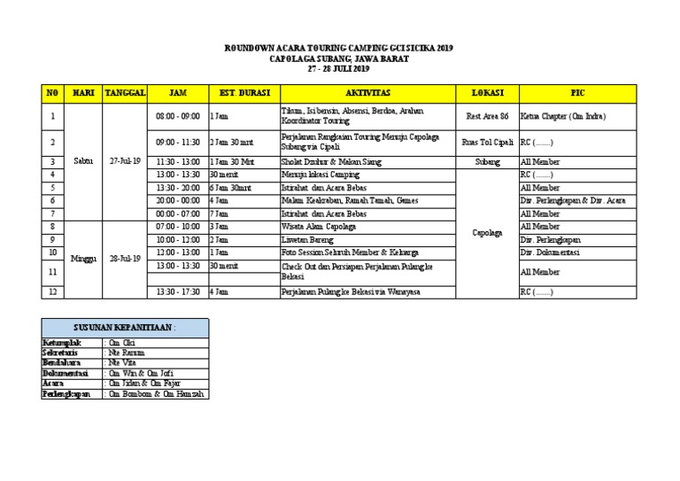 Rundown Acara Touring Camping | PDF