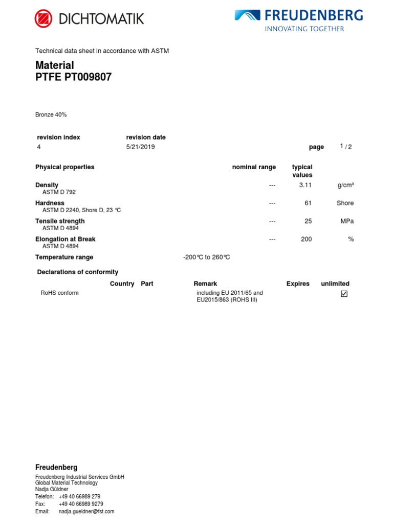 PTFE Technical Data Sheet Overview | PDF | Materials Science | Applied ...