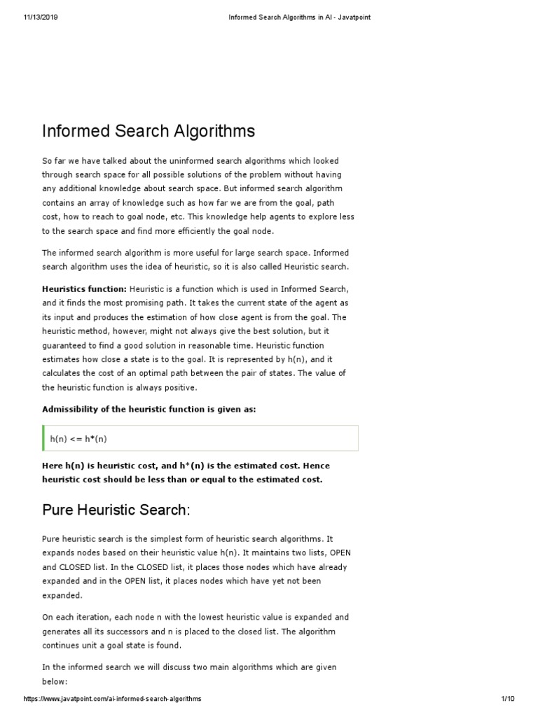 Informed Search Algorithms in AI - Javatpoint | PDF | Theoretical Computer Science | Algorithms ...
