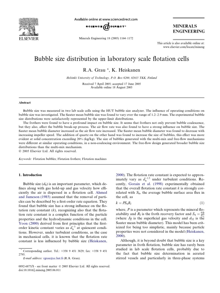 Bubble Size Distribution in Laboratory Scale Flotation Cells | PDF ...