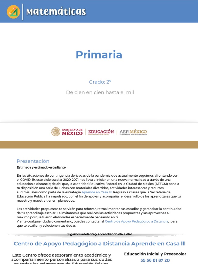 Matemáticas, de 100 en 100 Hasta 1000, 2o A. | PDF | Educación primaria