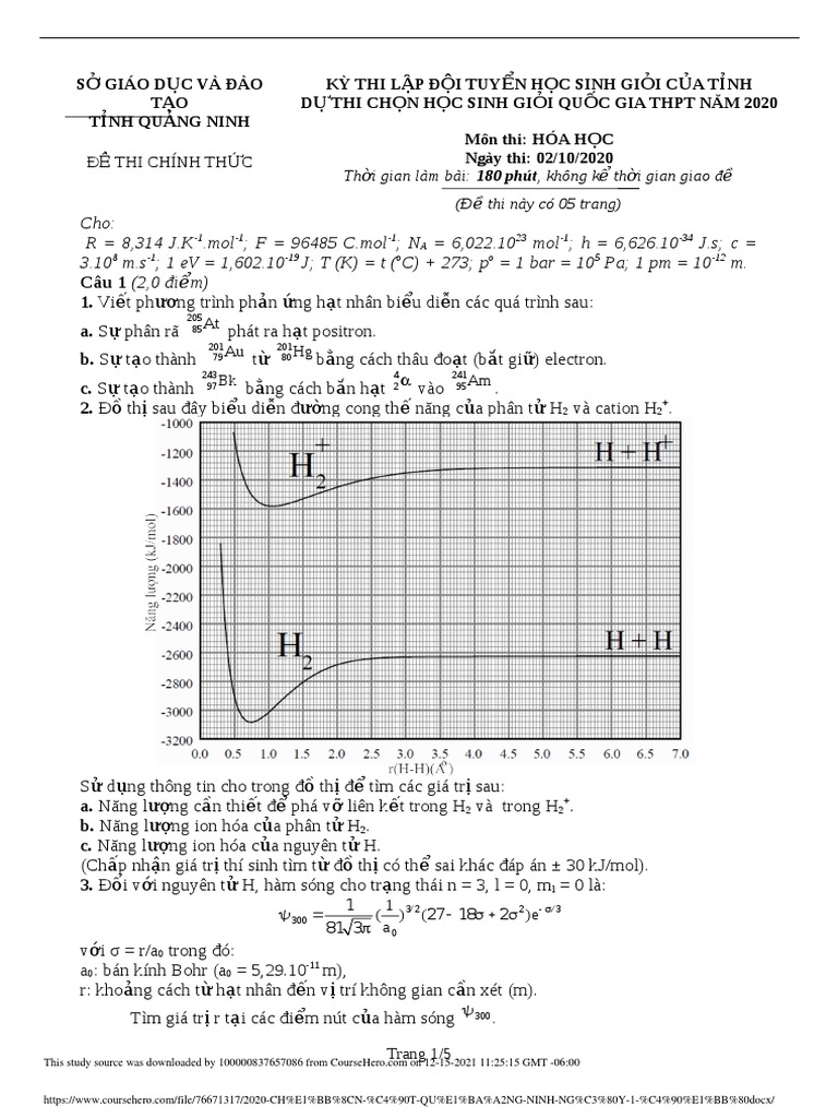 Cho: R = 8,314 J.K .mol ; F = 96485 C.mol ; N = 6,022.10 mol ; h ...