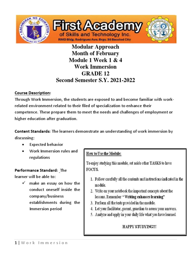 Work Immersion for Grade 12: Skills & Preparation | PDF | Critical ...
