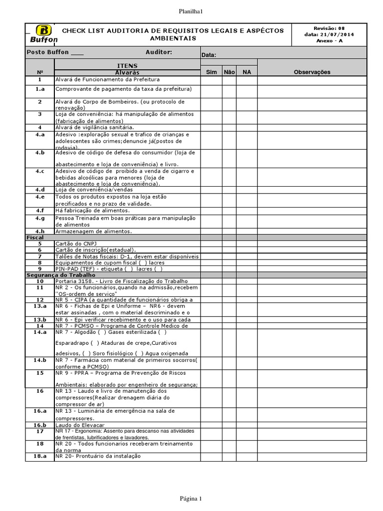 Check List Auditoria de Requisitos Legais e Áspectos Ambientais | Download grátis PDF ...