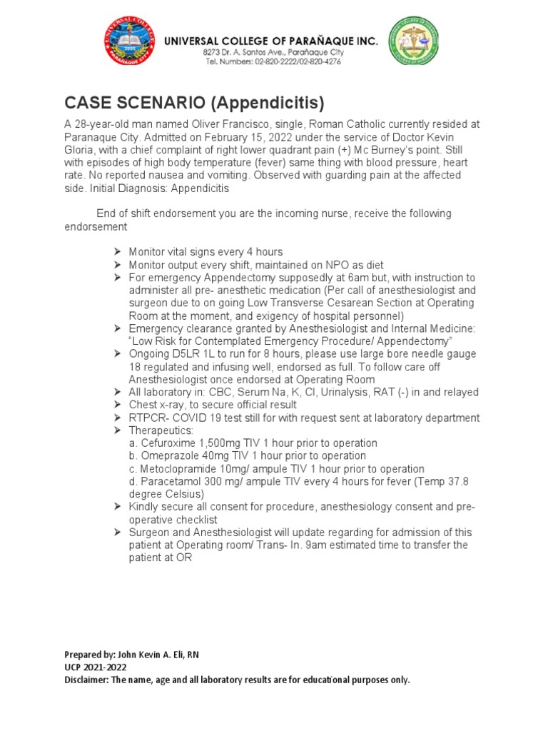 CASE SCENARIO Appendicitis | PDF | Anesthesia | Surgery